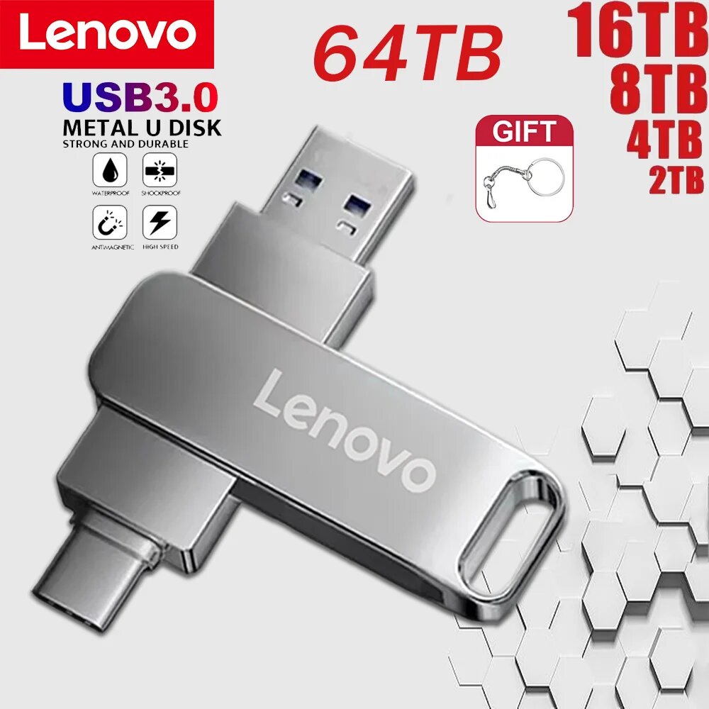 Lenovo 64 ТБ U-диск Высокоскоростной Plug Play для Smart TV 8 ТБ USB3.0 Флэш-накопитель Скорость Пружина для студентов Металлический Pendrive 2 ТБ