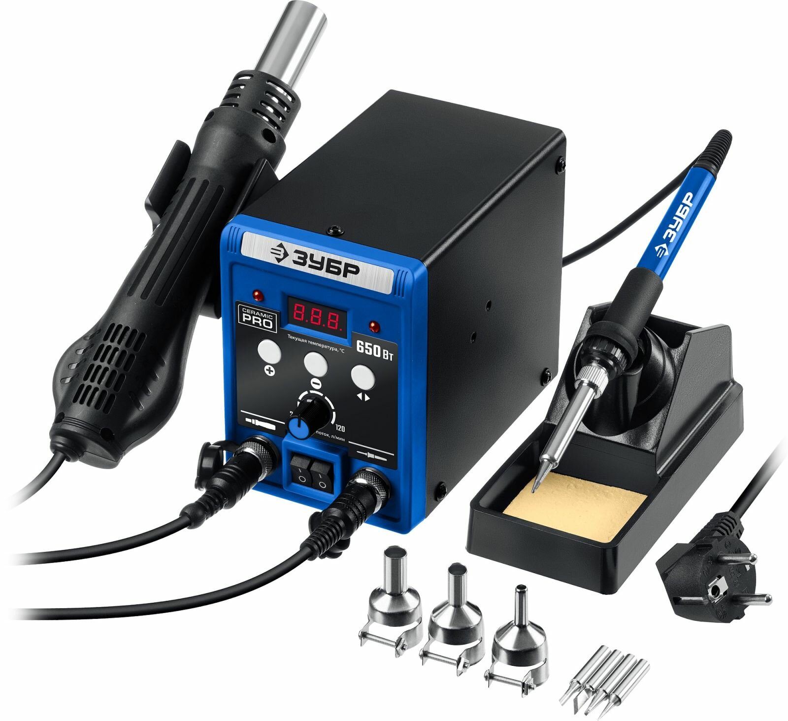 Паяльная станция ЗУБР ПСР-650, 100-500 градусов, 650 Вт, 2 в 1, ремонтная, Профессионал