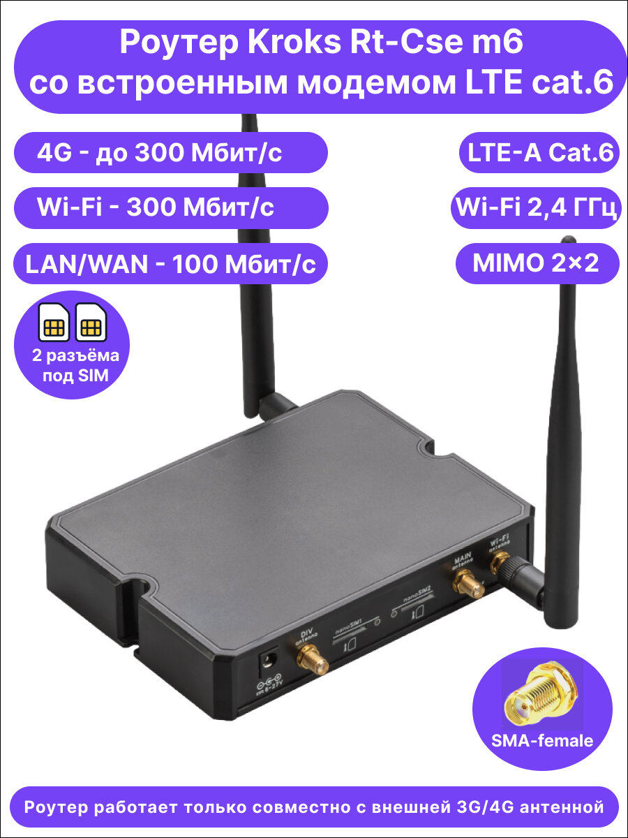 Роутер со встроенным модемом LTE cat.6, до 300 Мбит/c, Kroks Rt-Cse m6 (SMA-female)