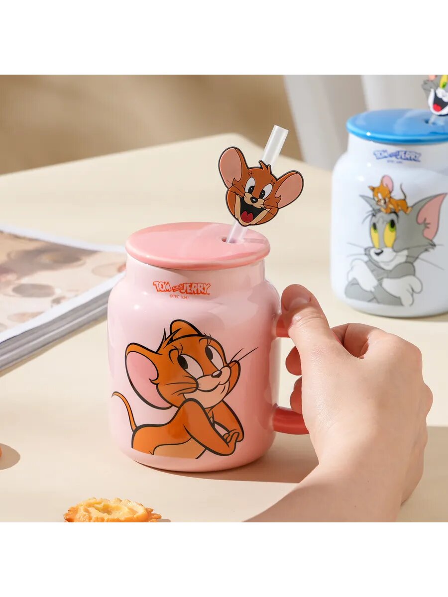 Кружка Disney "Том и Джерри", керамика, 400мл, розовая, для СВЧ, с крышкой