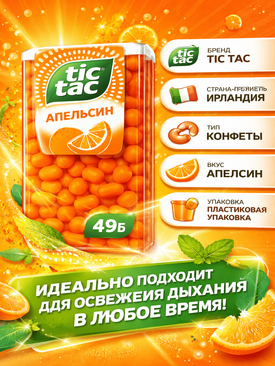 Драже Tic Tac со вкусом апельсина освежающее, 49г