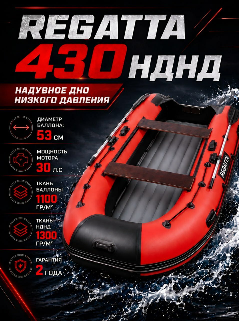 Regatta 430 НДНД черно-красная, надувная лодка ПВХ, надувное дно, восьмиместная, под мотор до 30 л. с, для рыбалки, охоты и прогулок