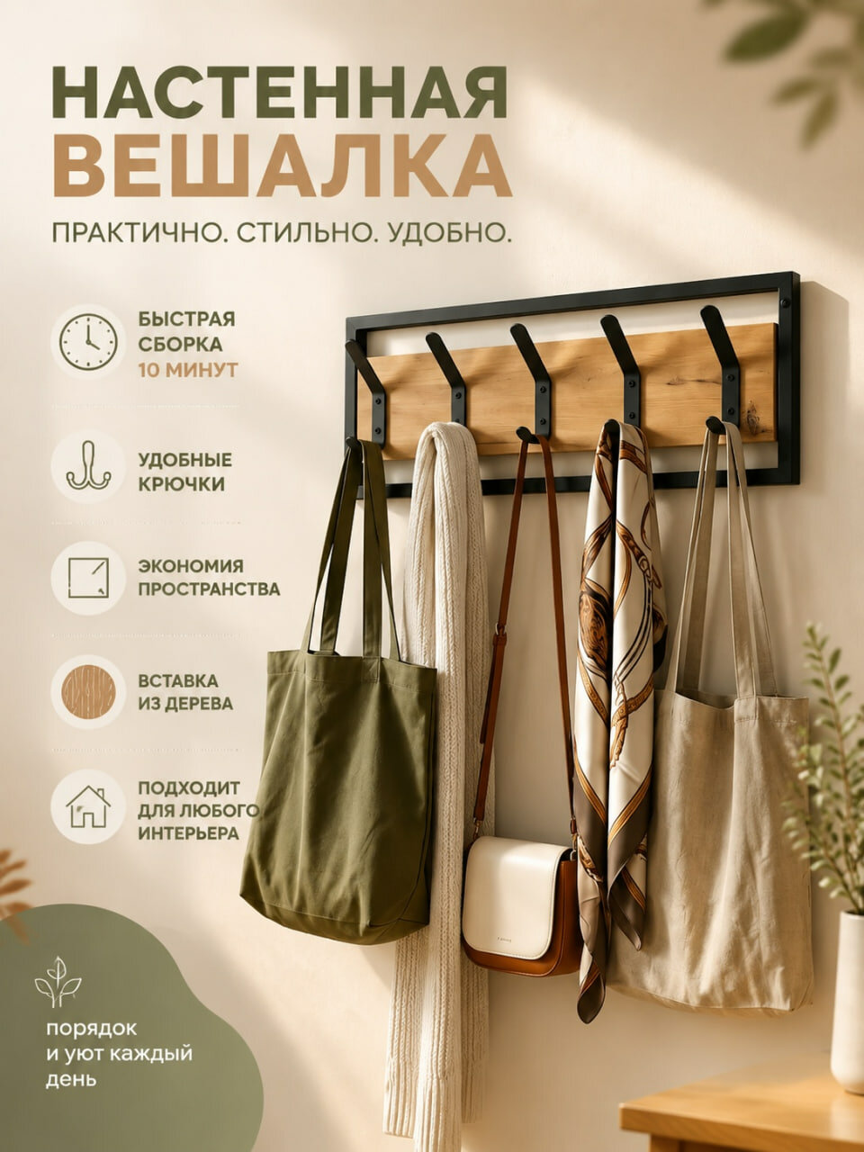 Вешалка настенная, металлическая для одежды в прихожую, деревяная.
