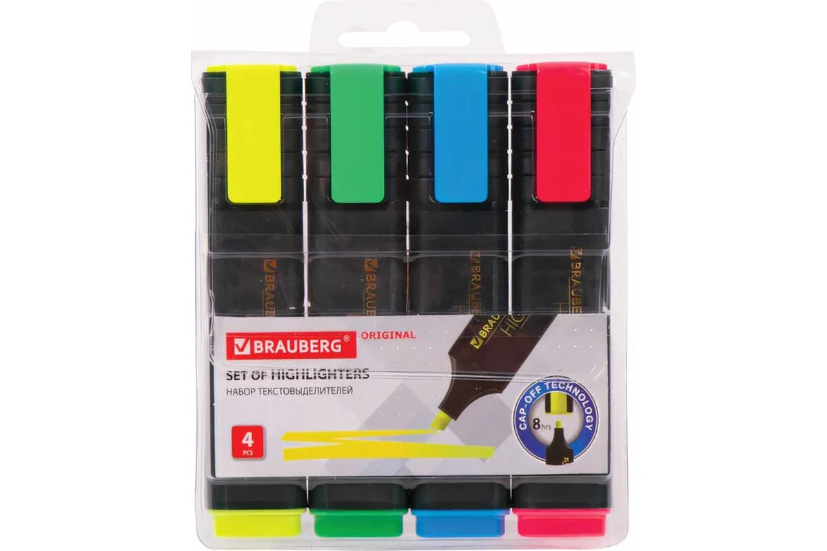 BRAUBERG Набор текстовыделителей 4 шт, Ассорти, ORIGINAL, линия 1-5 мм, 151689