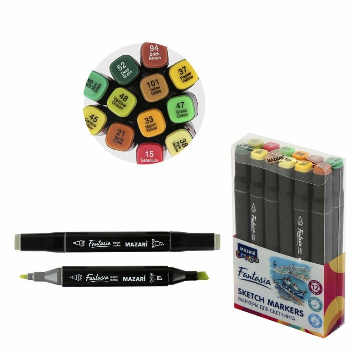 Скетч-маркеры Mazari "Fantasia", Autumn Colors, двусторонние, 12 шт (M-15020-12)
