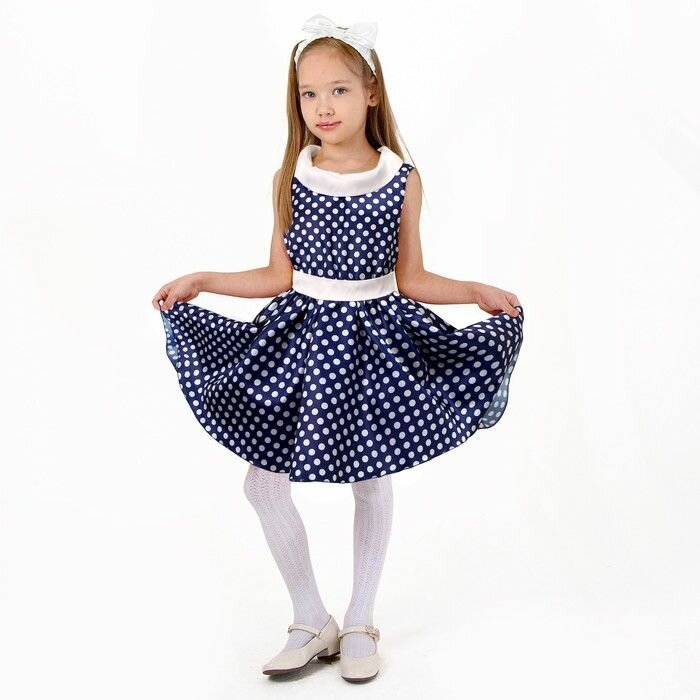 Карнавальный костюм Страна Карнавалия "Стиляги 5", платье синее в белый горох, повязка размер 36 рост 140
