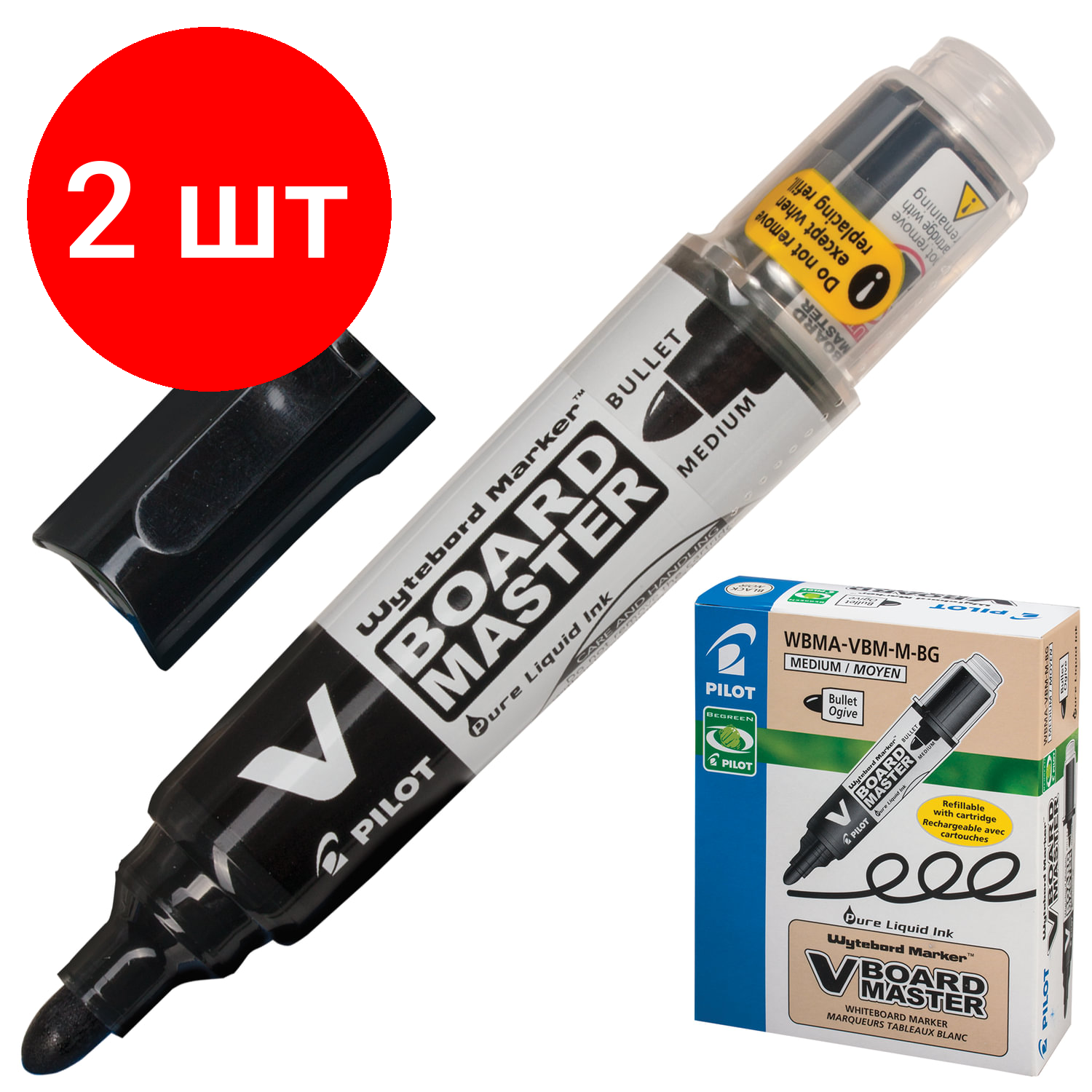 Комплект 2 шт, Маркер для доски PILOT "V-BOARD MASTER", черный, круглый наконечник, 4 мм, WBMA-VBM-M, WBMA-VBM-M B