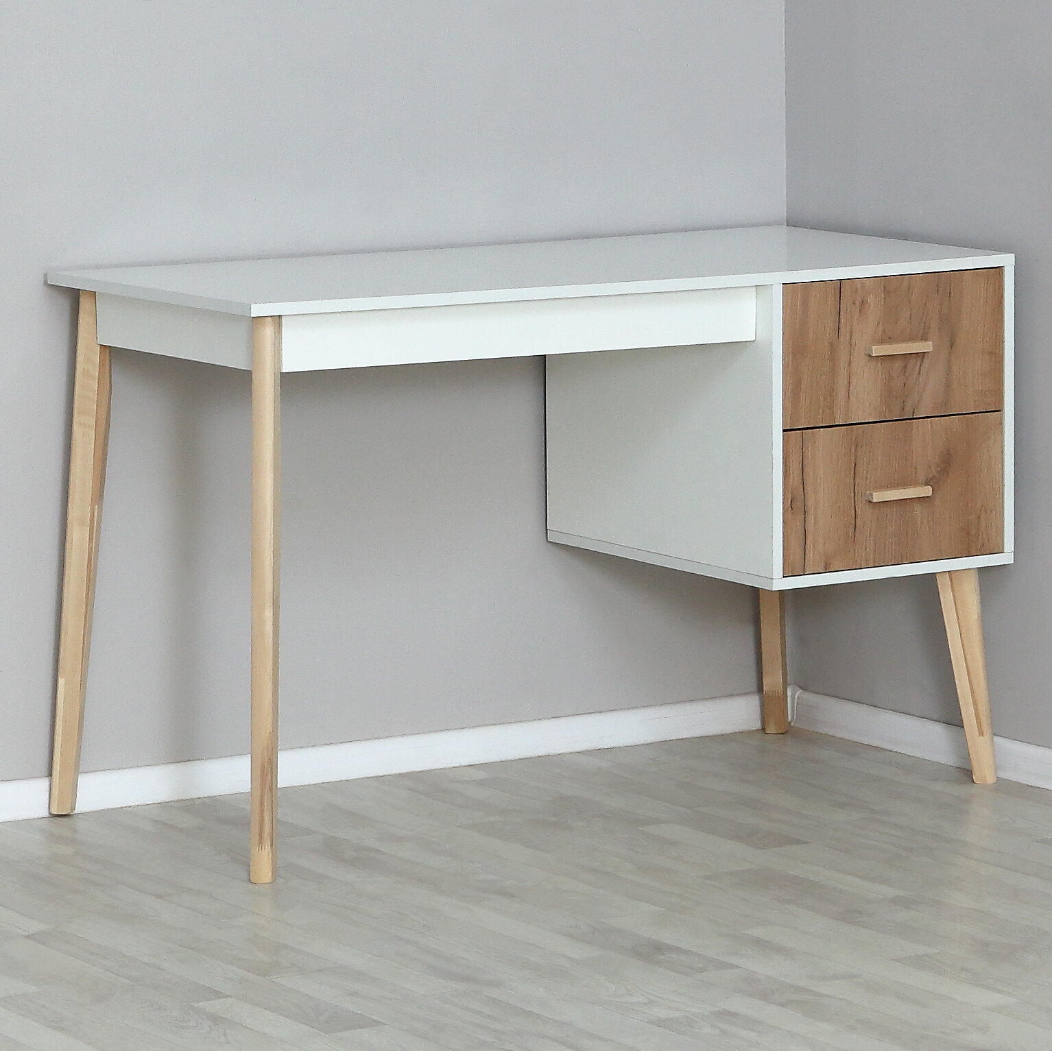 Стол письменный с тумбой в скандинавском стиле, белый жемчуг/дуб крафт золотой