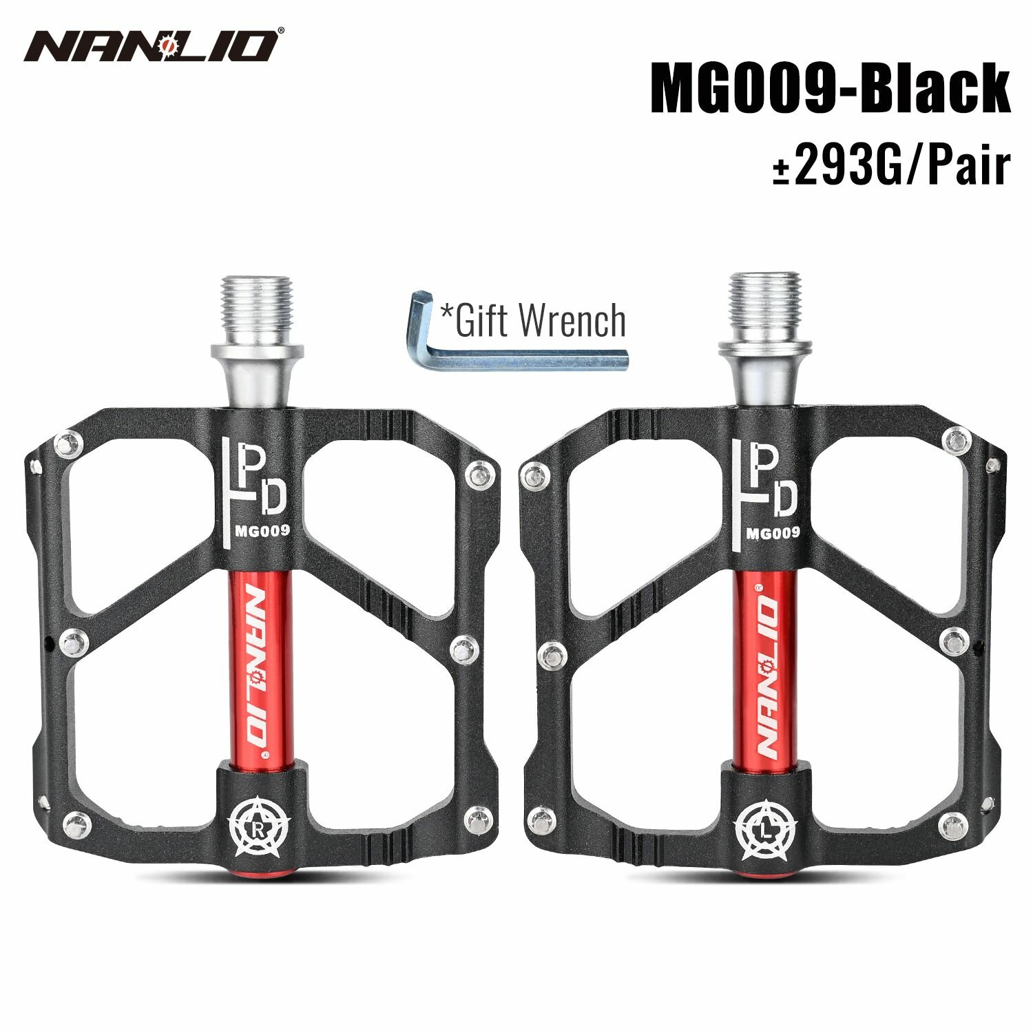 Педали для велосипеда Nanlio MG008/MG009 Ultra-Light Mountain Bike Pedals, 6 подшипников, широкая платформа, отражатели, антискользящие шипы, 290 г за пару