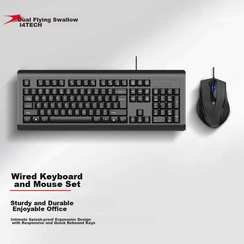 A4TECH KB-N9100 Wired Keyboard And Mouse Combo, Office Computer Membrane Keyboard And Mouse Set, Splash-Resistant, USB Interface, Black