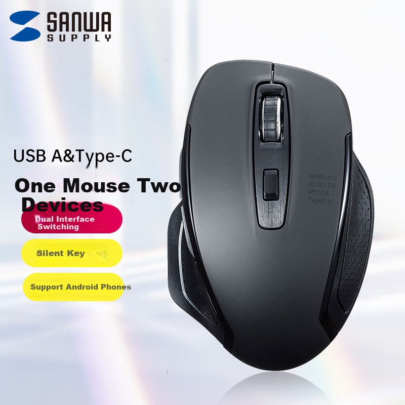 SANWA SUPPLY Ergonomic Wireless Dual Mode Mouse Light Silent Blue Light Mobile Mouse Type-C USB Switch Dual Receiver WBLC169