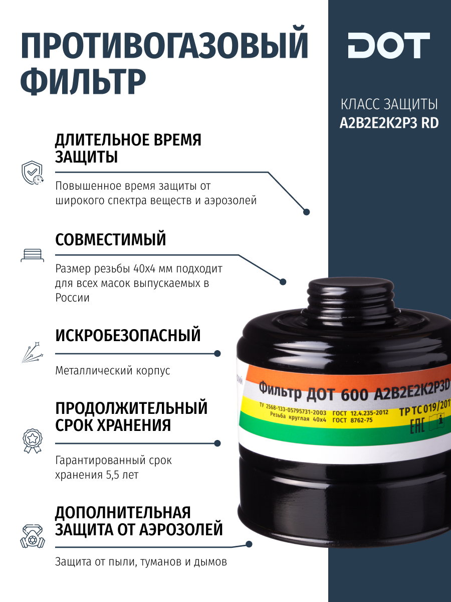 Фильтр противогазовый ДОТ 600 А2В2Е2К2Р3 R D для маски МАГ/ППМ от органических, неорганических, кислых газов и паров, аммиака и его производных