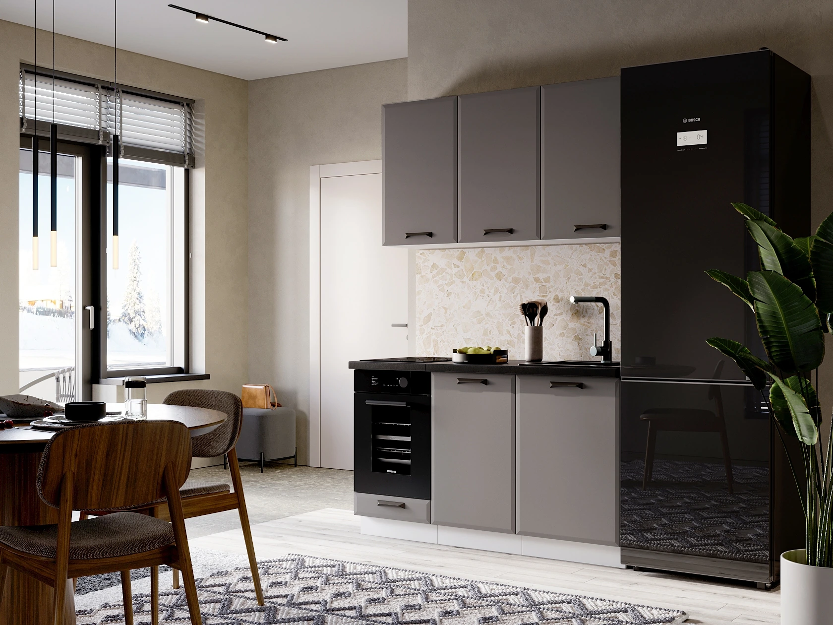 Модульная кухня Призма 140х216х60 см, цвет белый/асфальт суперматовый/кастилло темный