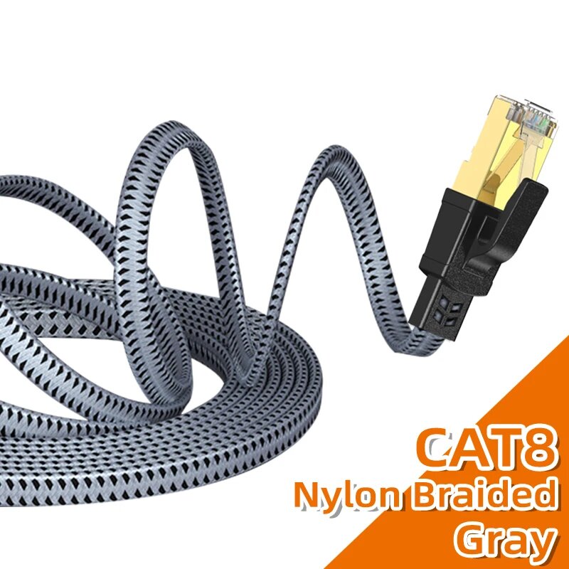 SUREIXN Ethernet-кабель CAT8 40 Гбит/с 2000 МГц FFTP сетевой нейлоновый плетеный патч-корд для маршрутизатора Iptv PS5 RJ45 Интернет-кабель Cat 8 Gray Nylon Braided, 1.5m