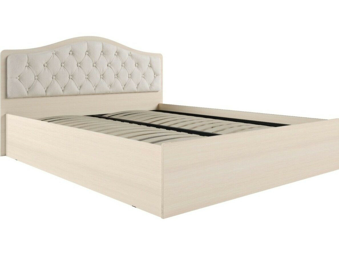 Кровать дуб молочный с мягкой спинкой велюр карамель, ортопед 160