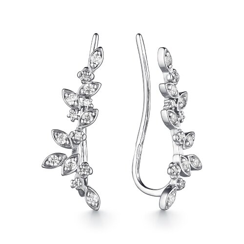 Серьги каффы, серебро, 925 проба, родирование, фианит