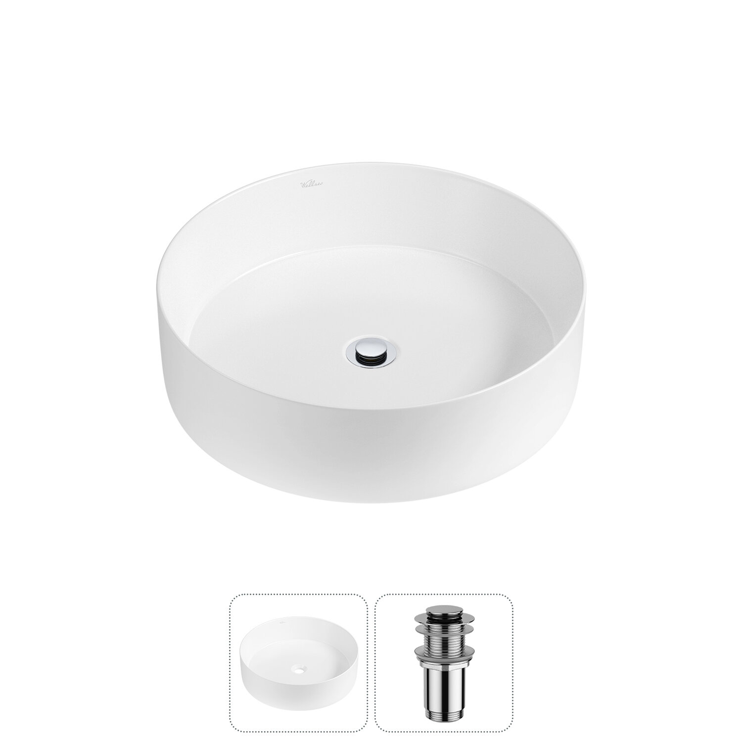 Накладная раковина в ванную комнату Wellsee Coax 20213879R в наборе 2 в 1: раковина 36 см в цвете белый глянец, донный клапан в цвете хром