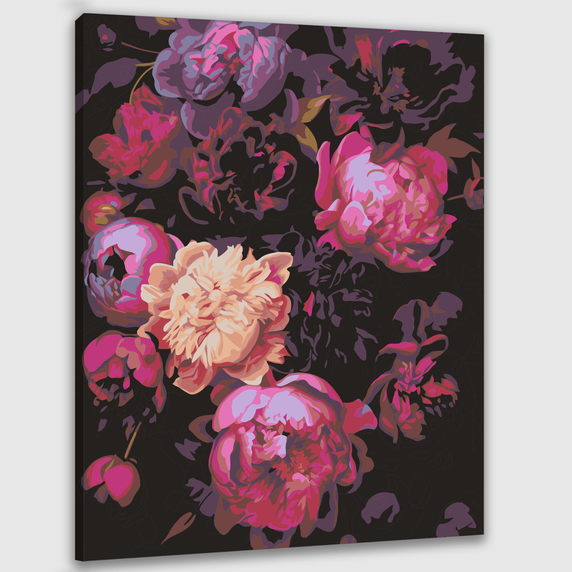 Картина по номерам 40x50 см, картина маслом, пионы, лепестки, бордовый, сливовый, драматизм, элегантность, свет, тень