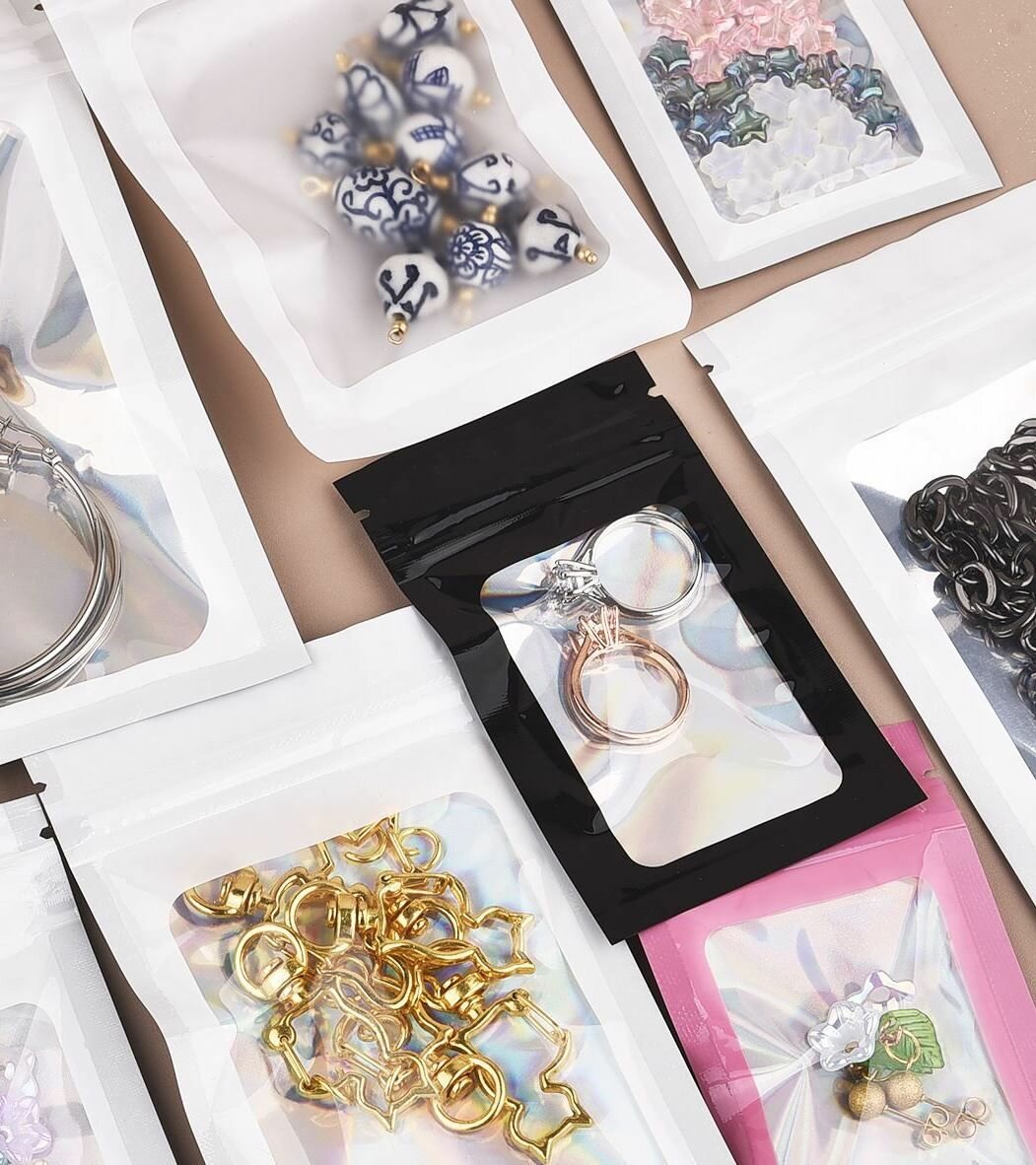 Набор 5 шт. Изящный ЗИП пакетик для украшений, подарков, упаковки дорогих товаров, хранения дорогих мелочей. Глубокий чёрный цвет с прозрачным окном.