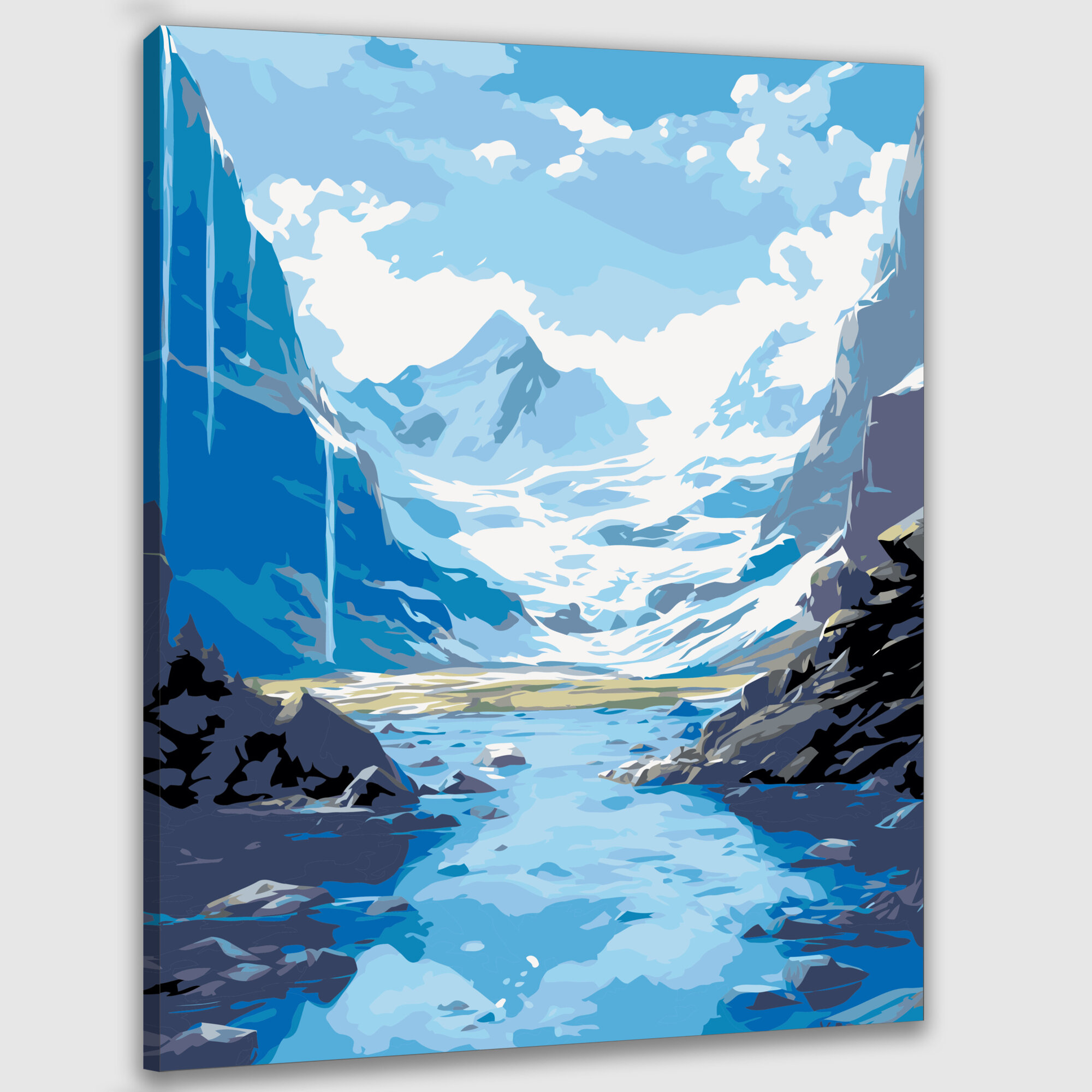 Картина по номерам 40x50 см, водопад, горный пейзаж, бассейн, бирюза, аквамарин, заснеженные вершины, голубое небо