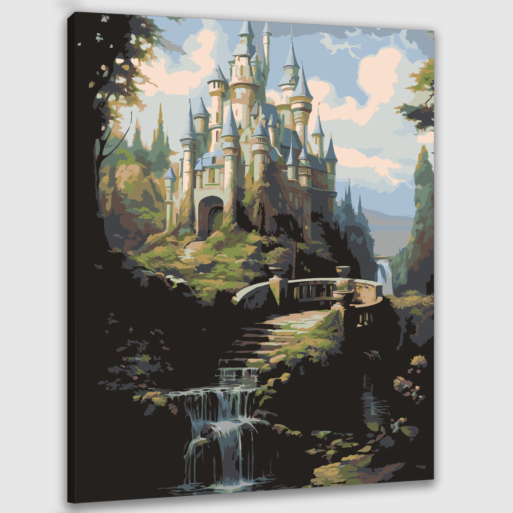 Картина по номерам 40x50 см, картина маслом, замок, скала, зелень, водопад, сказочное королевство