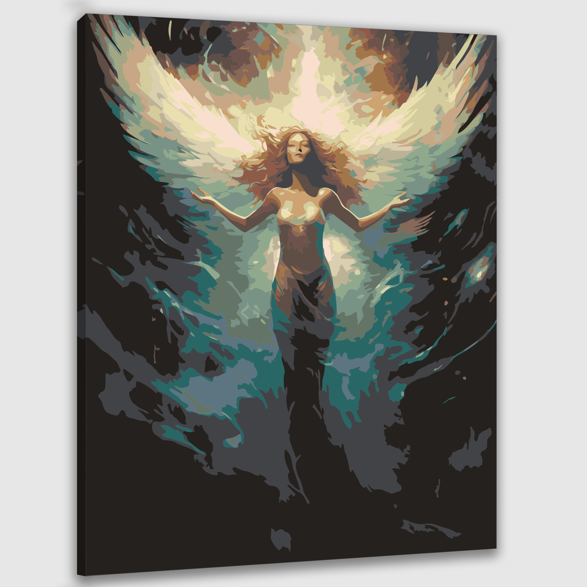 Картина по номерам 40x50 см, ангел, небесный, океан, крылья, свечение, темно-синий, вода, глубина, стихии