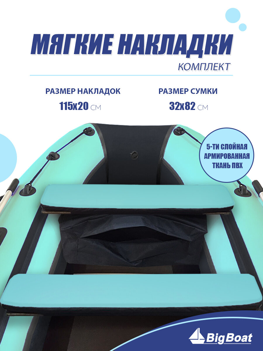 Комплект из 2х мягких накладок одна из них с сумкой на сидение лодки ПВХ, мятный 1150х200х20