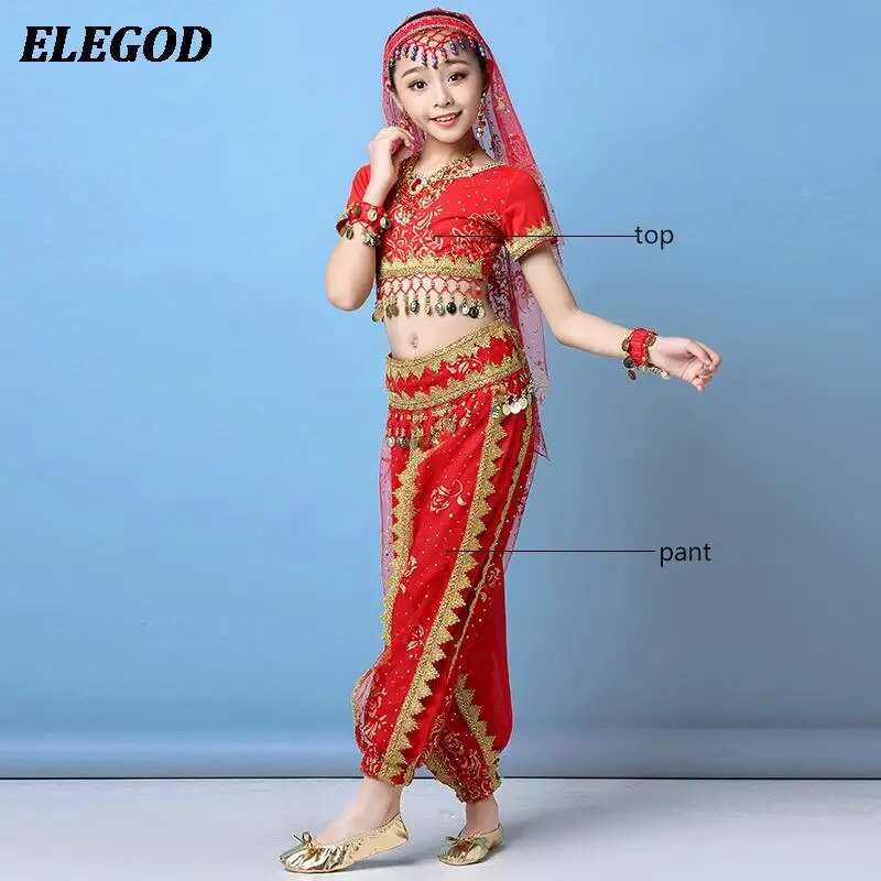 Детский костюм для танца живота, блестящий, ацетат S, 2pcs red