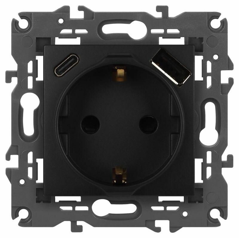 Розетка Elegance 14-4108-05 16A 250В 2P+E защ. шторки с USB type-A+C 3А 5В антрацит Эра Б0067724