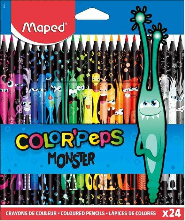 Цветные карандаши MAPED "COLOR'PEPS BLACK MONSTER", 24 цвета, пластиковые, трехгранная форма