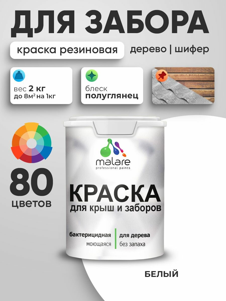 Резиновая краска Malare для деревянного забора/ по дереву для наружных и внутренних работ/ быстросохнущая моющаяся без запаха полуглянцевая, белый, 2 кг.