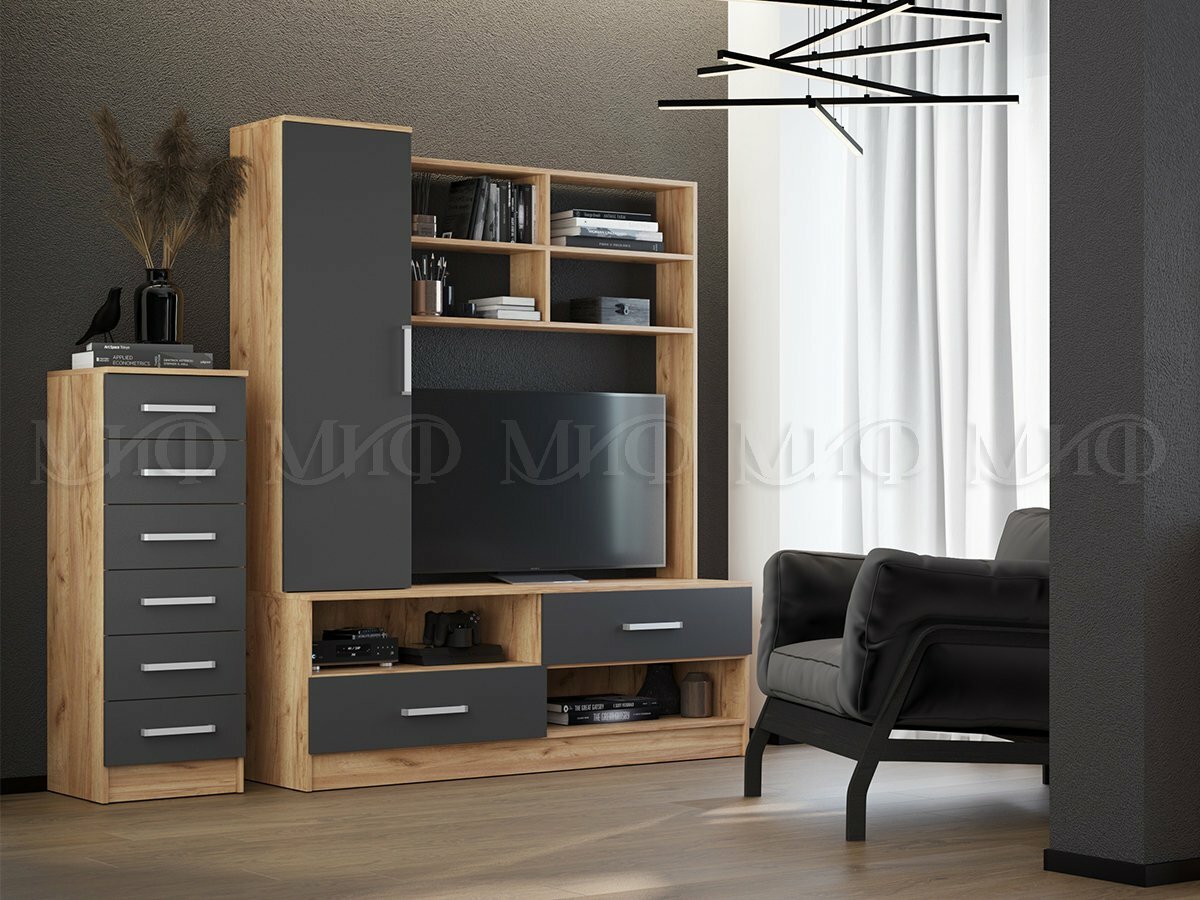 Стенка в гостиную с комодом Миф Мартина Графит/Дуб крафт 1900х1892х520мм