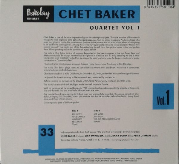 Аудио CD Chet Baker Quartet Vol. 1 (CD/EU) — фото 1