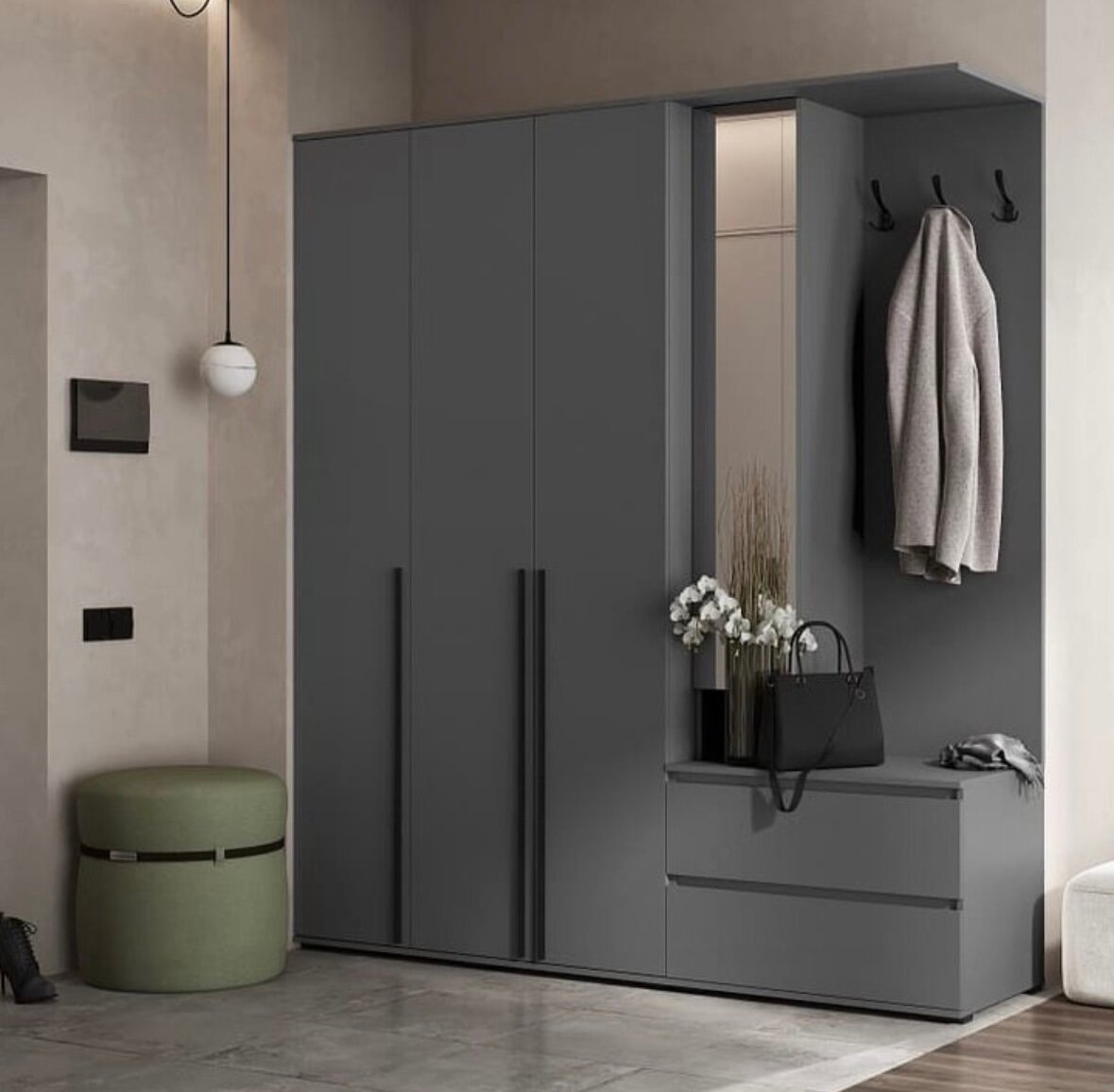 Прихожая ЛДСП. Норд 2 метра. Графит/Графит. С зеркалом. Модульная