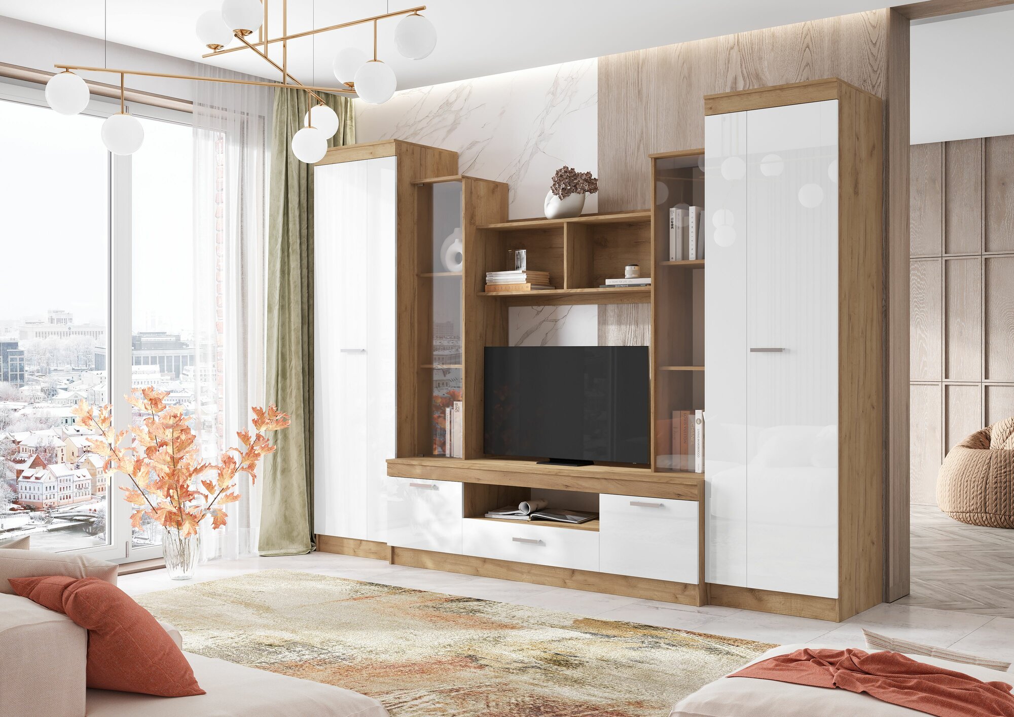 Гостиная Атлантида 6 (Дуб крафт/Белый глянец) (Миф)