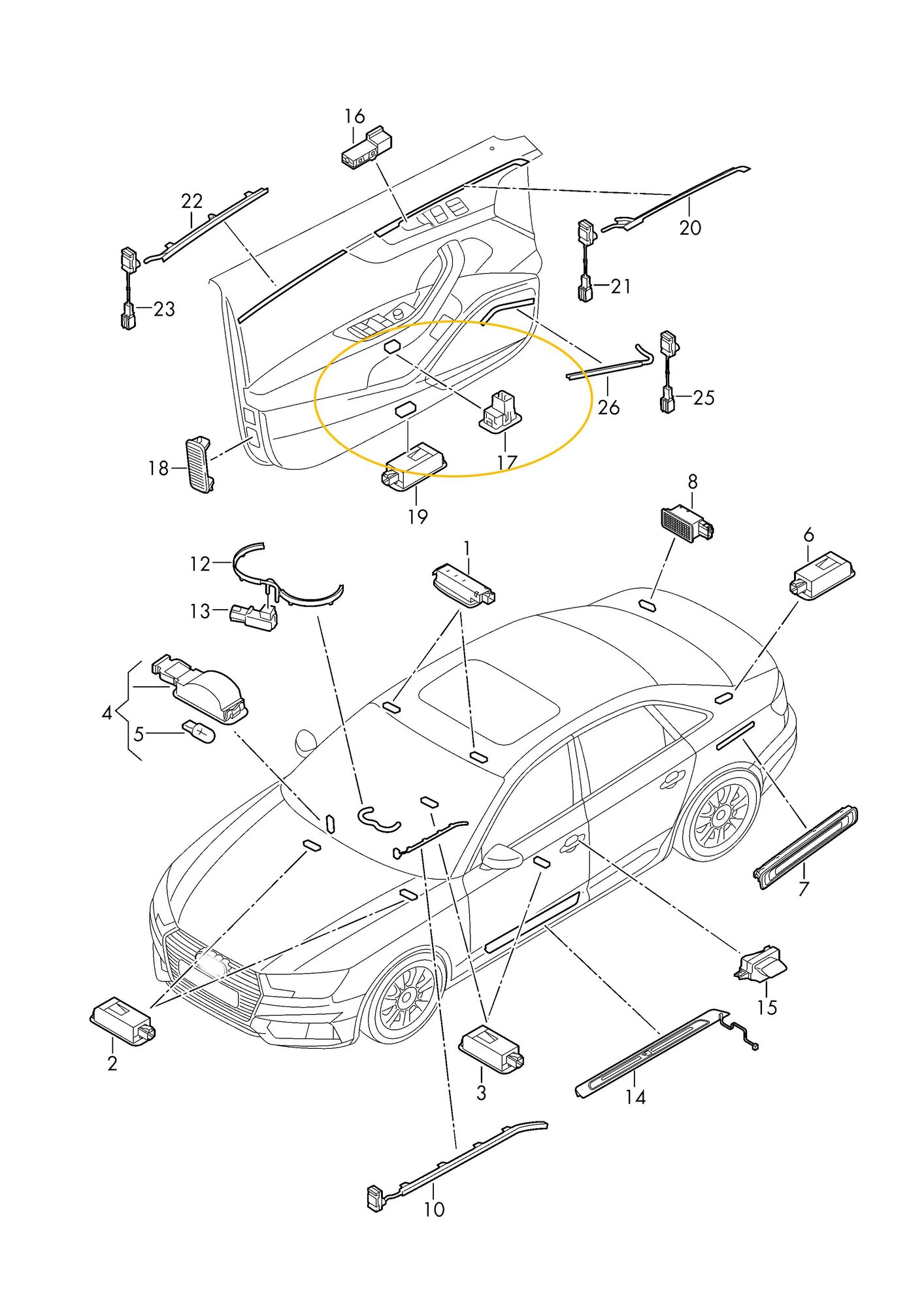 Светодиодный светильник атмосфера для AUDI A4 B9 8W 8W0919390