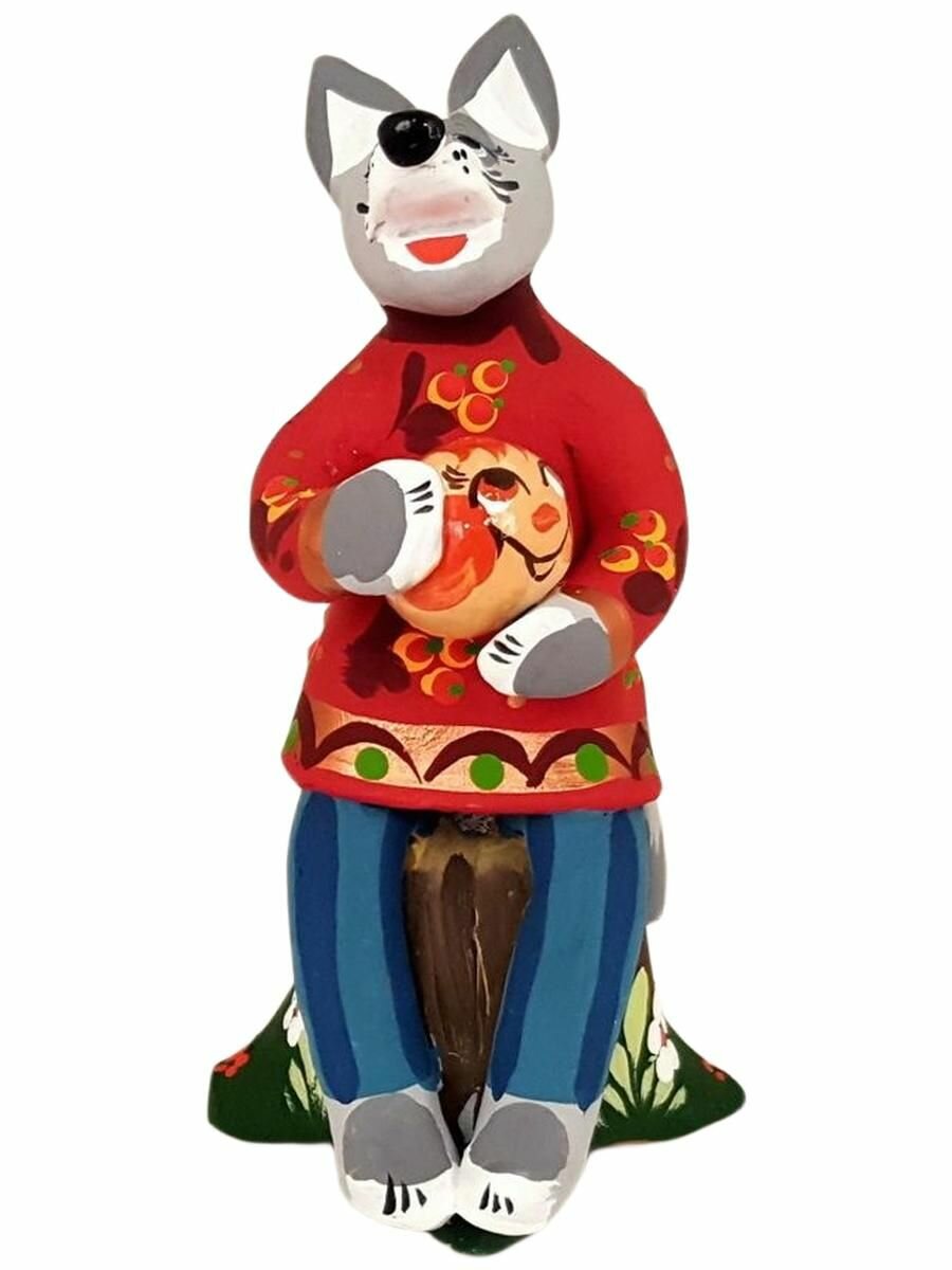 Свисток, Волк на пне с колобком, Ковровская глиняная игрушка, ручная авторская работа