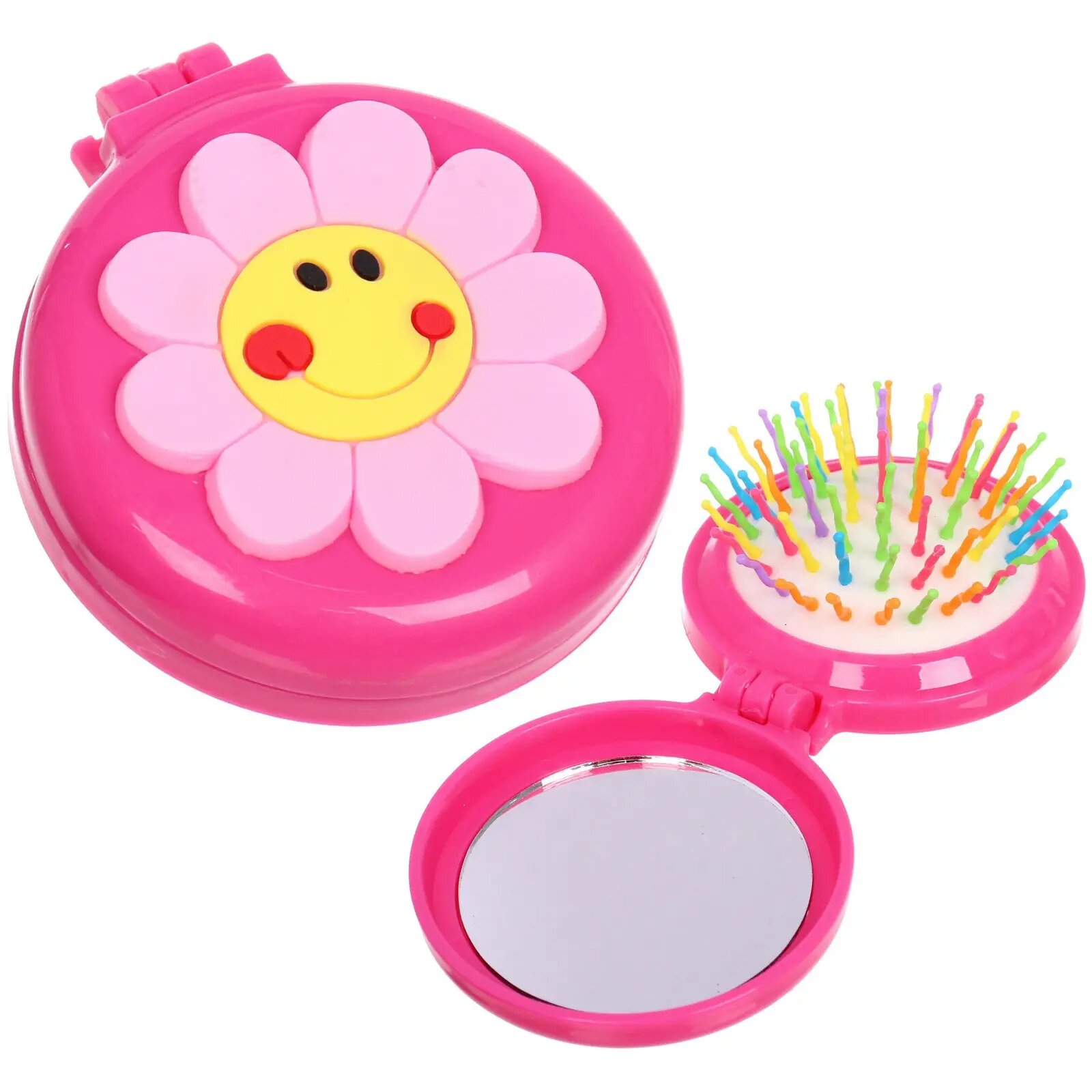 Расческа массажная детская складная «Barbariska», с зеркалом, ярко-розовая, d-7см