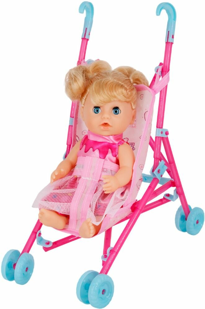 Кукла пупс с коляской, высота 22 см, игрушечный младенец с одеждой и волосами, для сюжетно-ролевых игр, пластиковый пупсик, в пакете