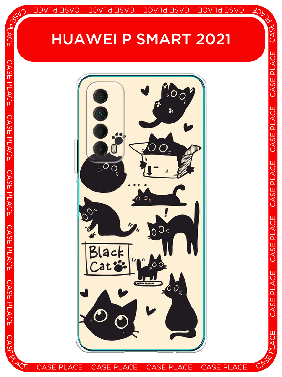 Чехол на Huawei P Smart 2021 / Хуавей П Смарт 2021 с принтом Чёрный котик рисунки