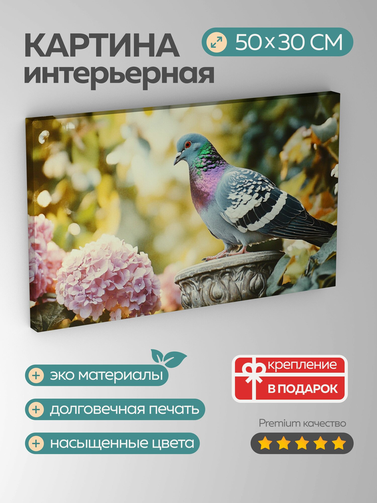 Картина на холсте интерьерная 50х30 см, голубь, сад, яркие цвета, текстуры, перья, солнце, масштаб 5:3, фотография