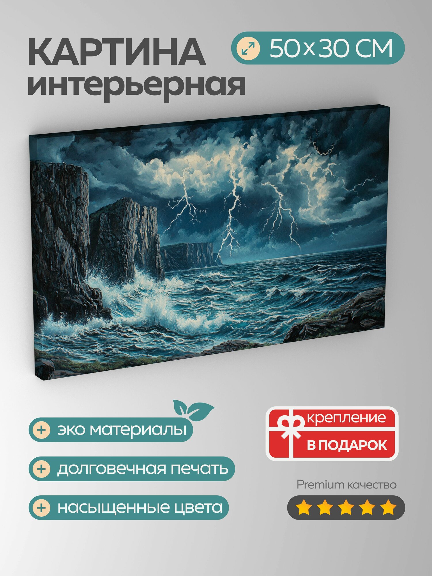 Картина на холсте интерьерная 50х30 см, гроза, океан, волны, молнии, утесы, биолюминесцентные существ