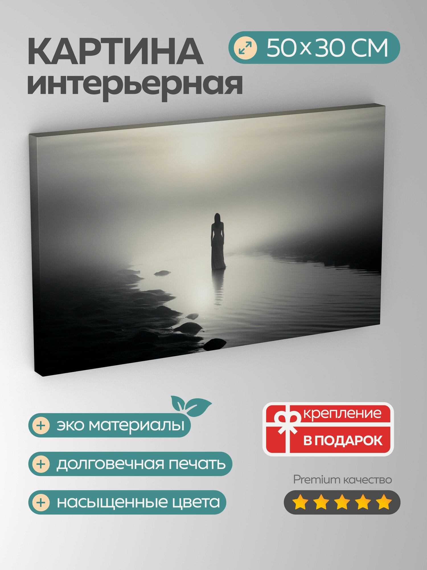 Картина на холсте интерьерная 50х30 см, черно-белая фотография, природа души, загадочность, одинокая фигура, тайна