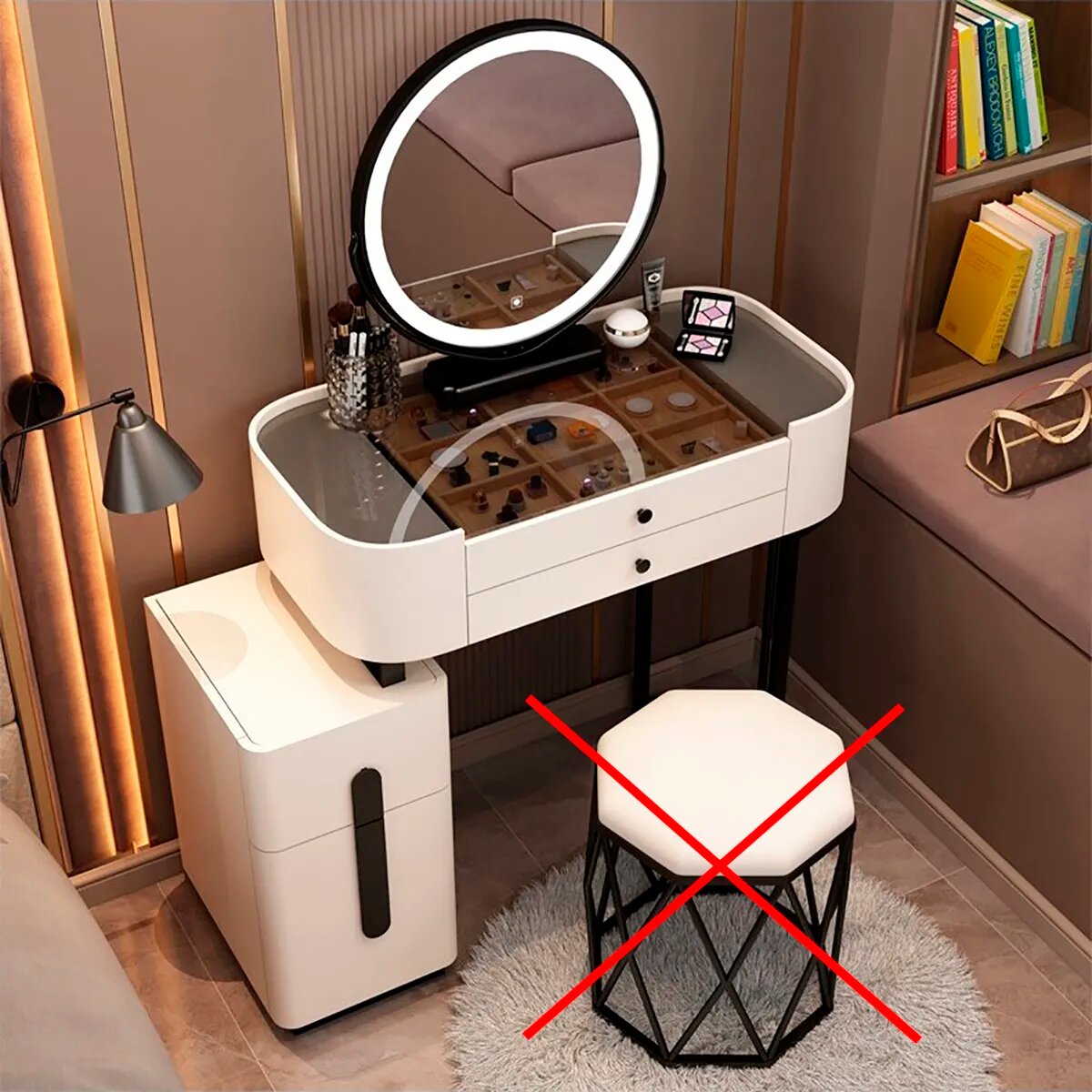 Компактный туалетный столик Scally с тумбой и стеклянной столешницей (60 см белый столик + тумба + умное зеркало без стула)