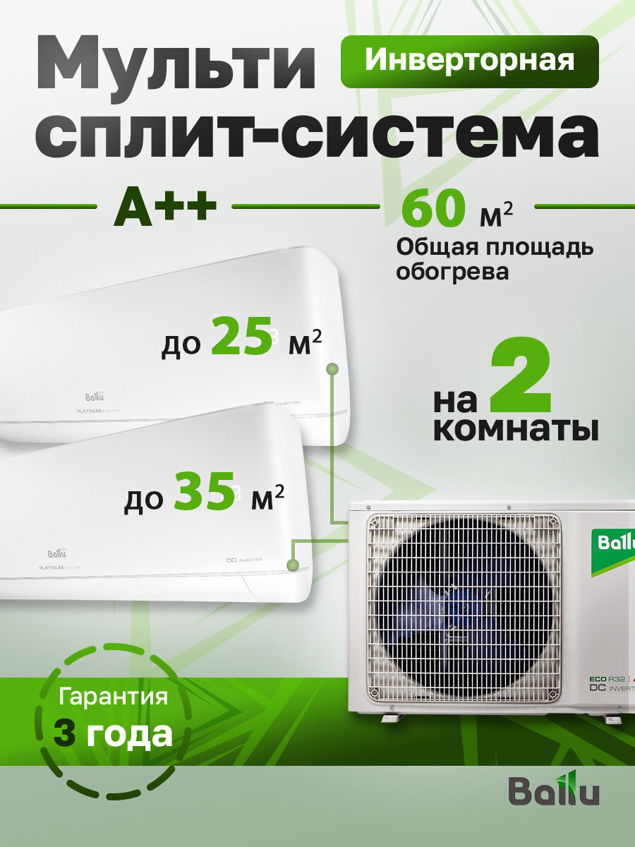 Mульти сплит-система на 2 комнаты 25+35м2 инвертор Ballu Free Match BA2OI-FM-18HN8/EU + BSUI-FM-09HN8/EU + BSUI-FM-12HN8/EU