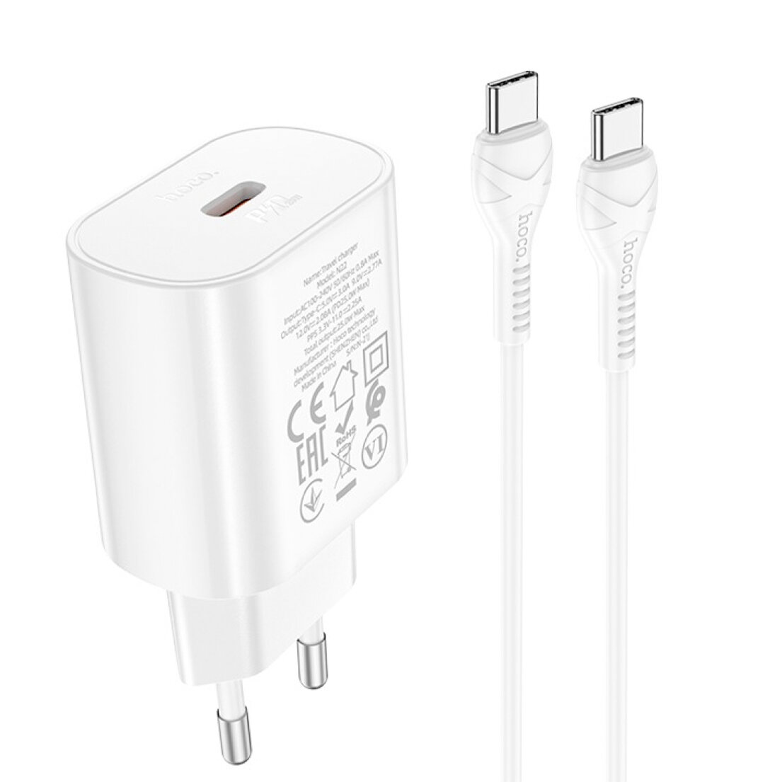Сетевое зарядное устройство, 1 PD 25W (N22), HOCO, Type-C to Type-C, Безопасный сертификат, белый