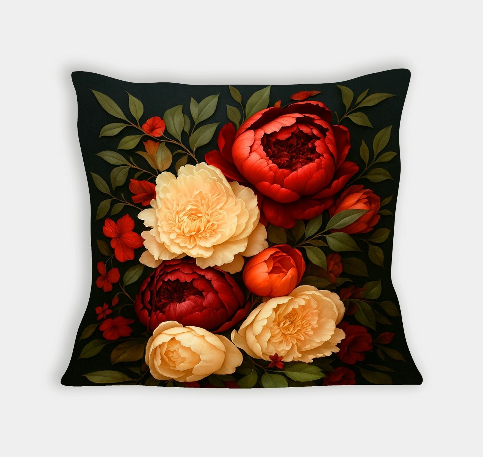 Чехол для подушки для сада и улицы Пионовый букет на черном 45х45 Оксфорд 600D