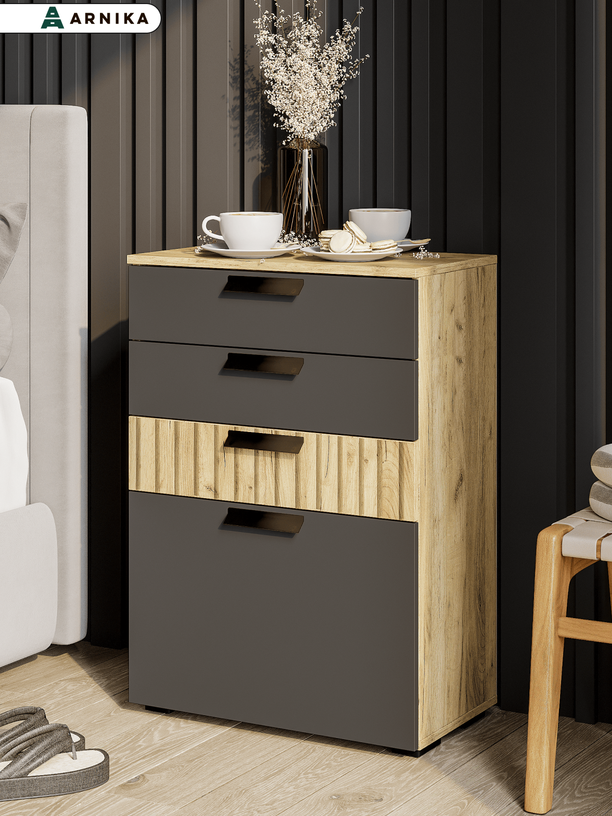 Комод ARNIKA "Мишель", ЛДСП, с ящиками, цвет крафт/графит, 60.2x86.1x35.2 см