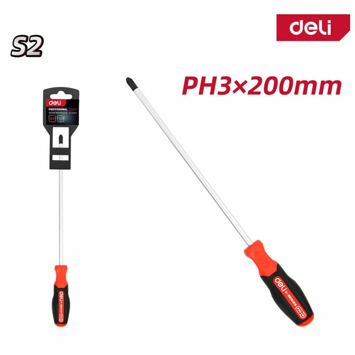 Крестовая отвертка PH3x200мм Deli DL3464 сталь S2, магнит, прорезиненная рукоятка