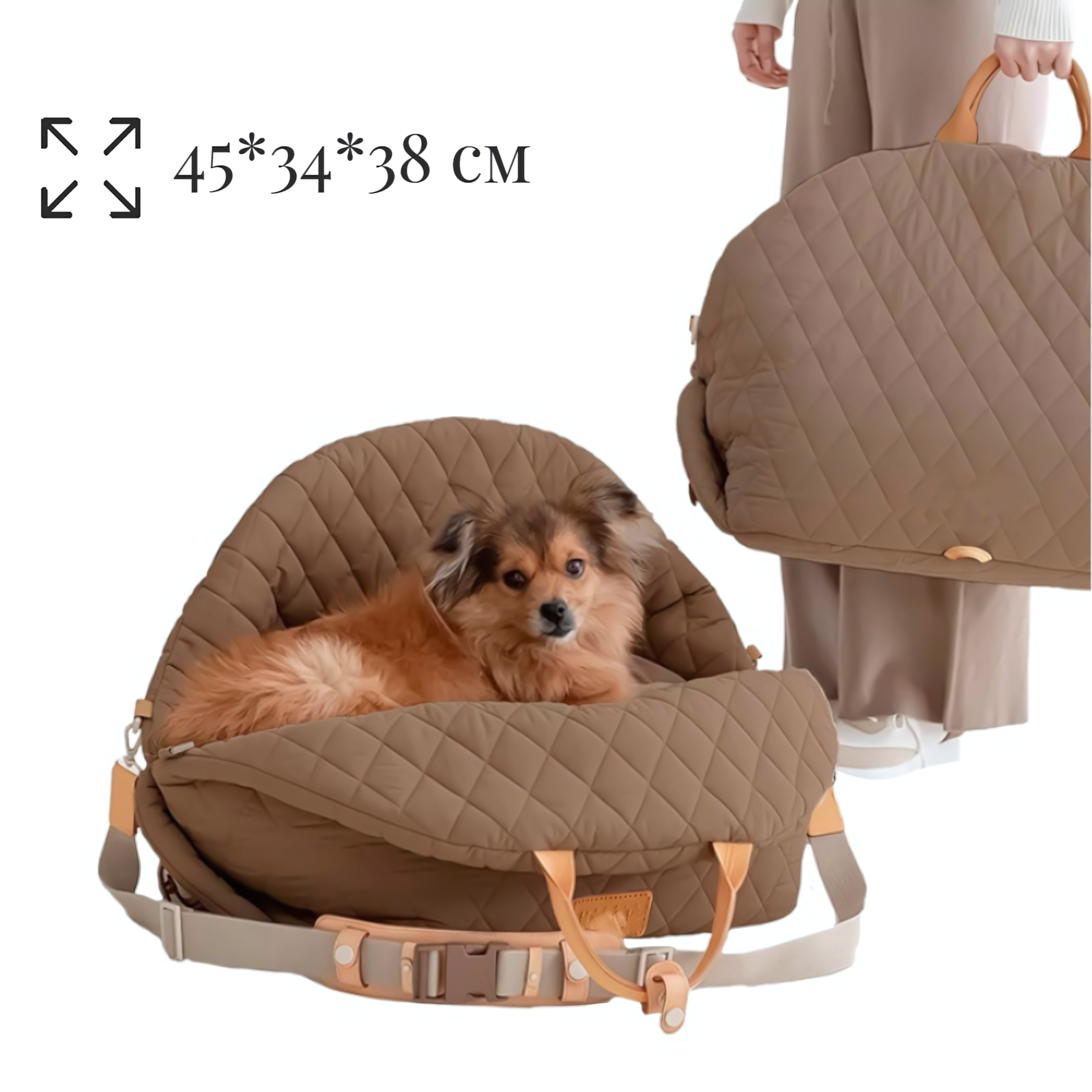 Сумка переноска-автокресло для собак и кошек, цвет хаки, размер 45*34*38 см